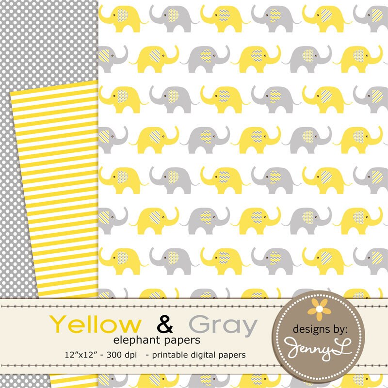 Yellow and Gray / Grey Elephants Digital Papers Baptismal | Etsy
