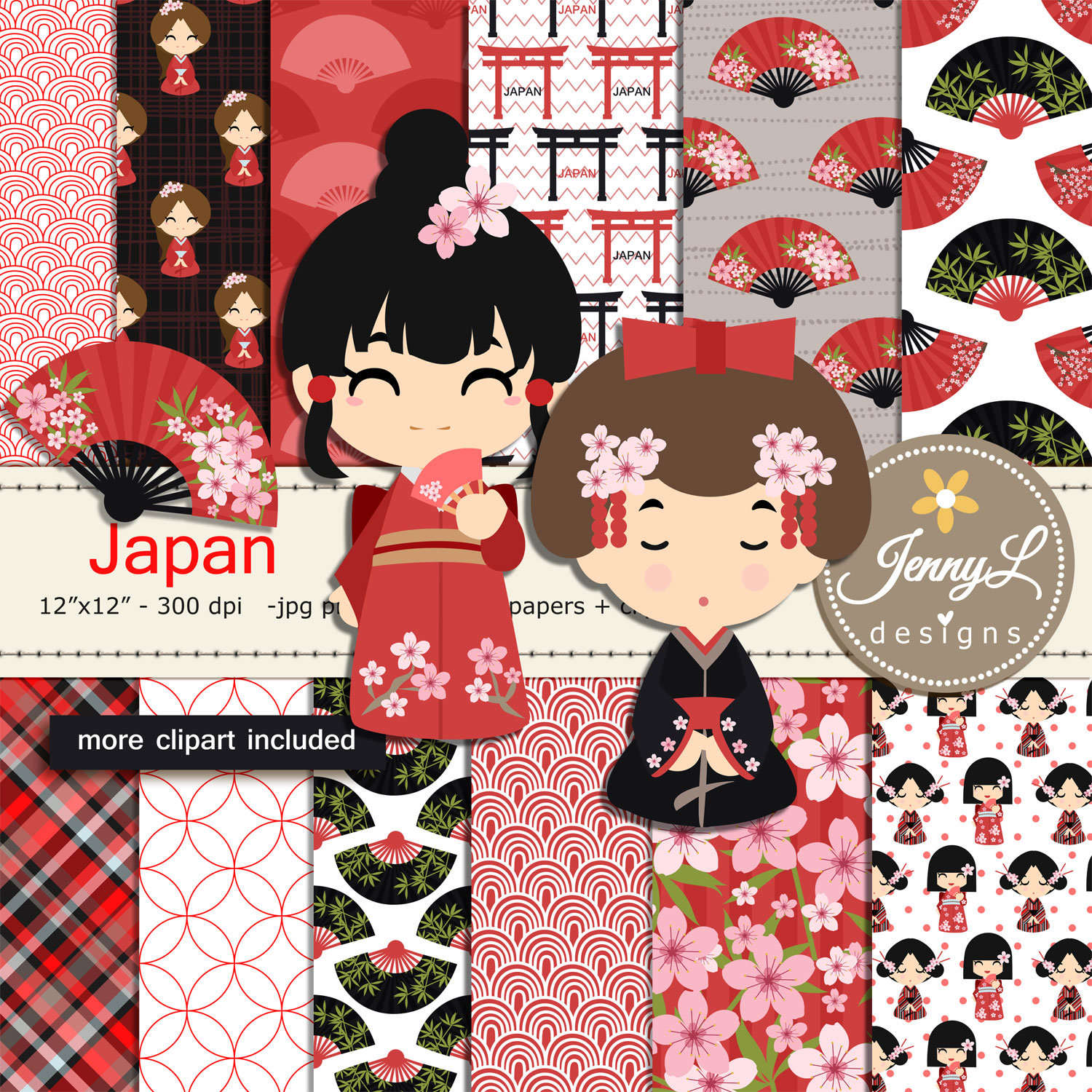 Japan Digital Papers and Japanese Clipart SET, Oriental, Asia, Sakura ...