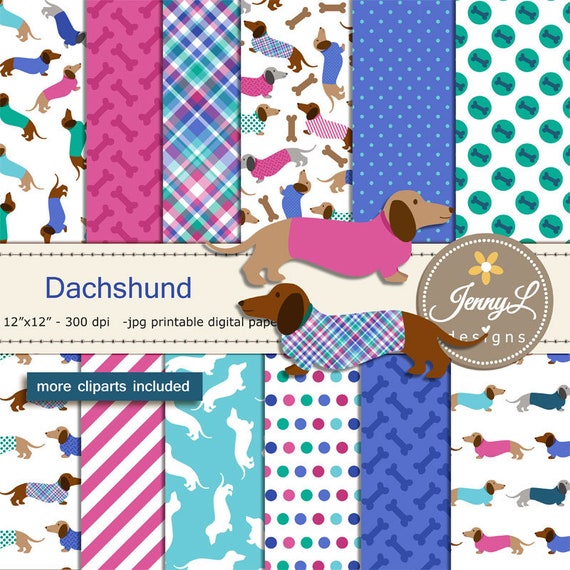 Dachshund Dog Digital Papers and Clipart SET, Puppy, Doggie, Animal for ...