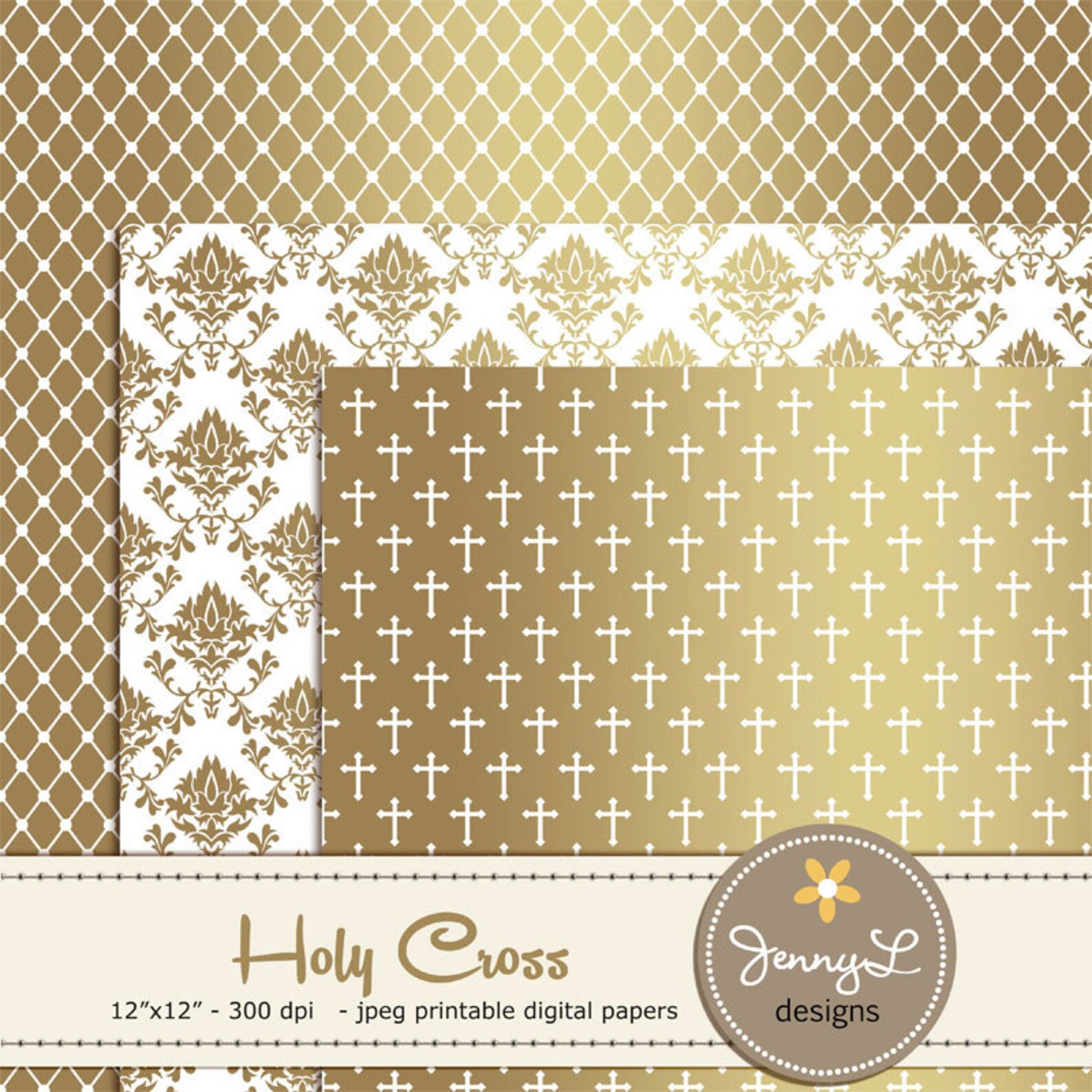 Gold Baptism Digital Papers, First Communion, Religious, Christening ...
