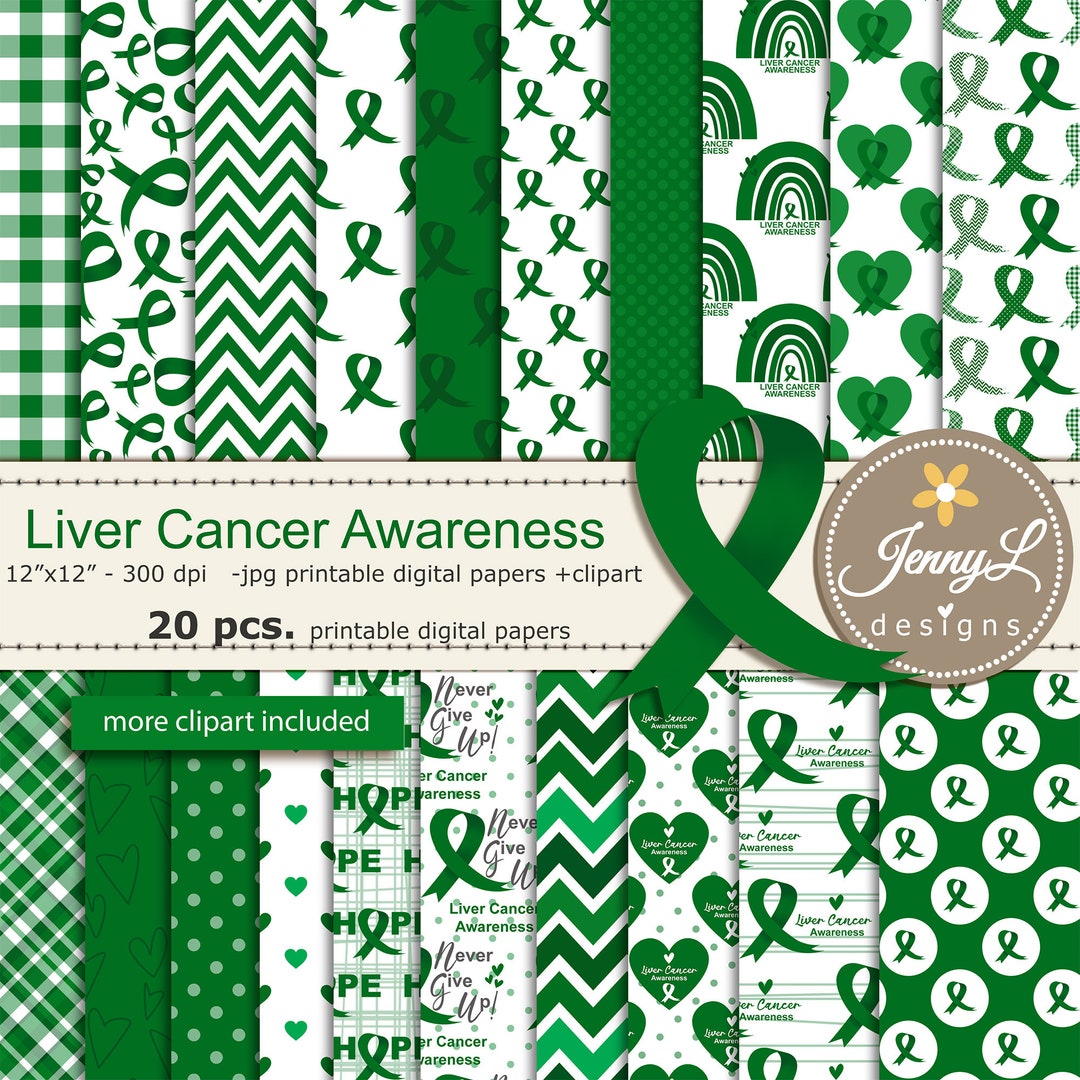 Liver Cancer Awareness Digital Papers, Emerald Green Ribbon Clipart for ...