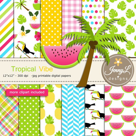 Tropical Summer Digital Paper and Clipart, Toucan, Flamingo, Hibiscus ...