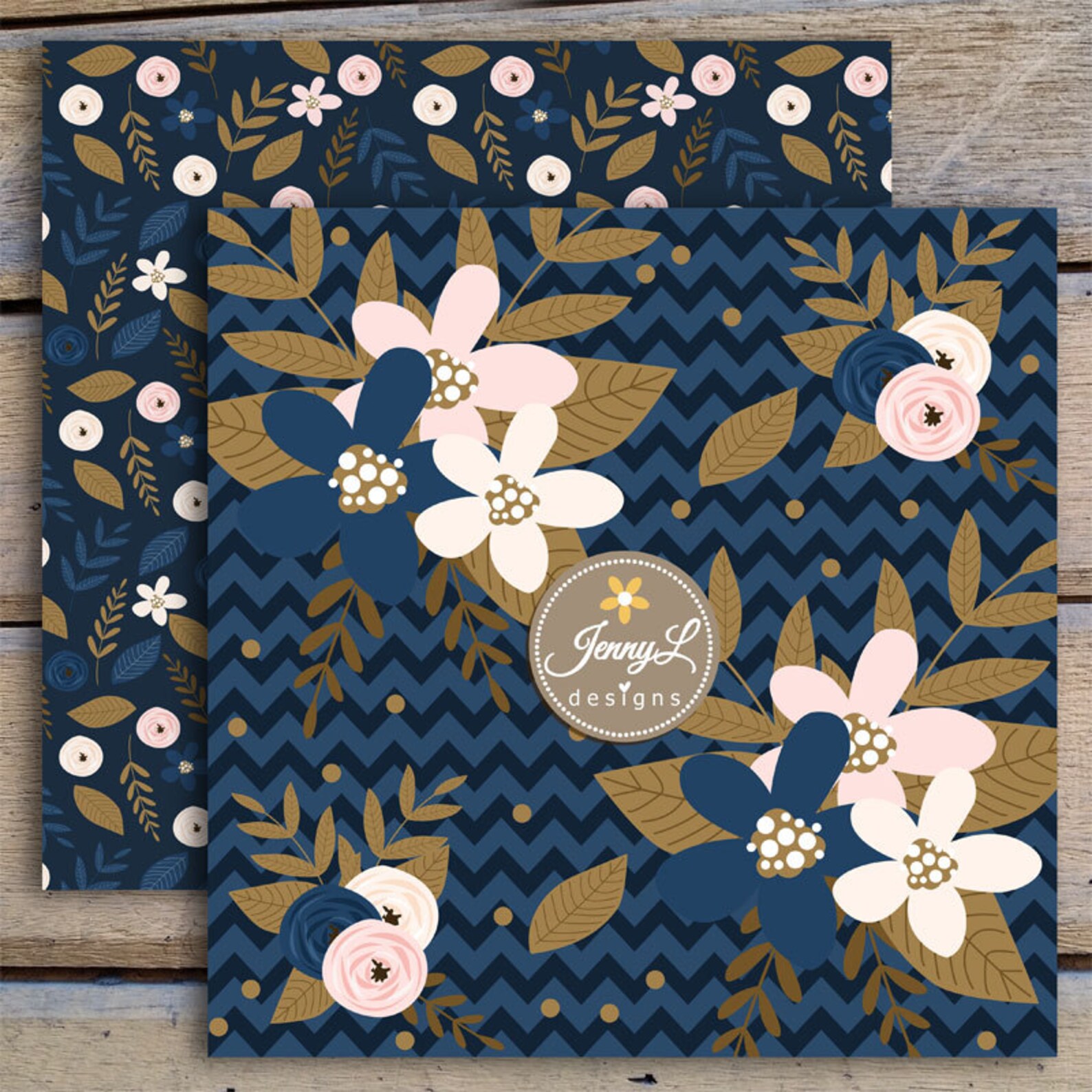 Navy Blue Floral Digital Paper Blush Wedding Flower Paper - Etsy