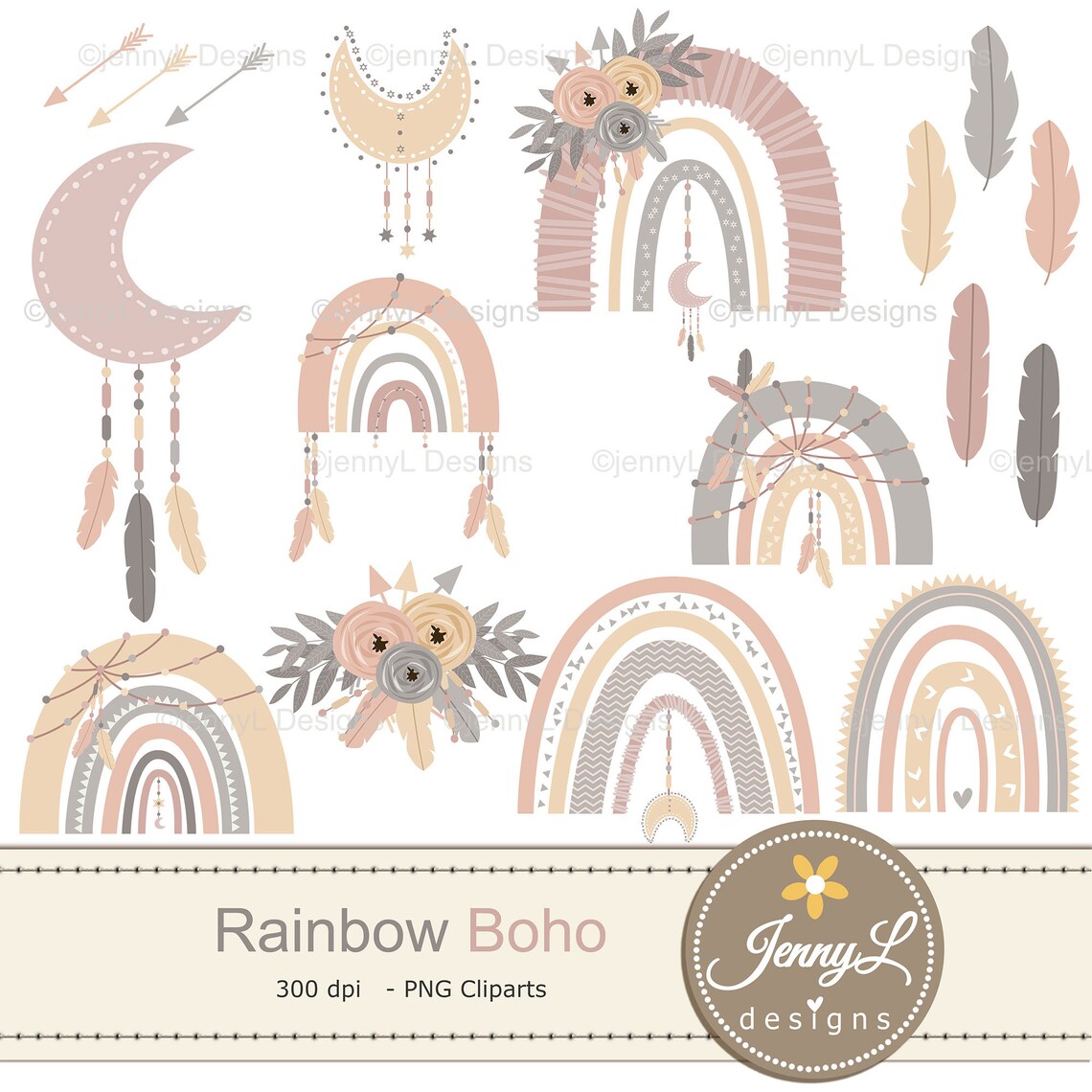 Rainbow BOHO Digital Paper and Feather Clipart for Birthday - Etsy