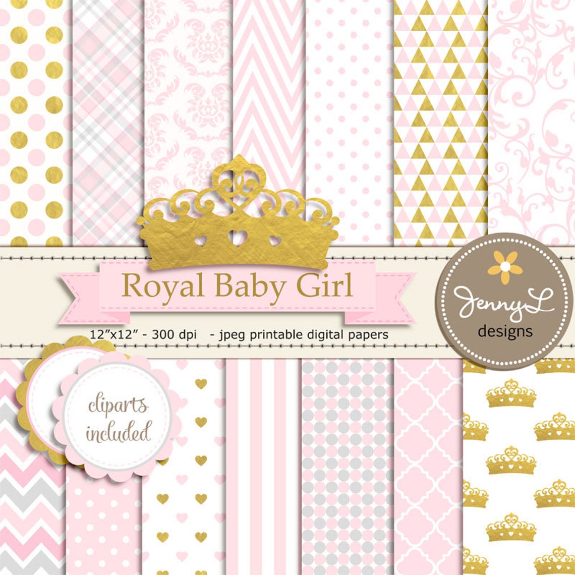 Crown Digital papers and Clipart Royal Princess Girl Baby | Etsy