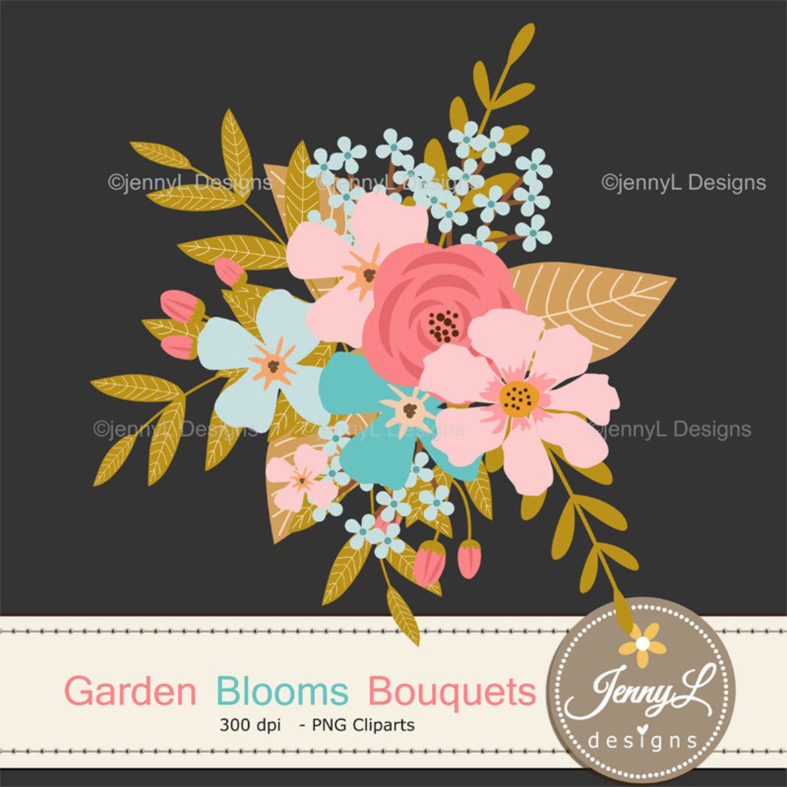 Peach Turquoise Bouquet Clipart Blush Wedding Flowers Flower | Etsy