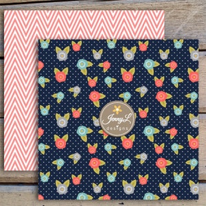 Coral Navy Floral Digital Paper, Coral Flowers for Digital Scrapbooking ...