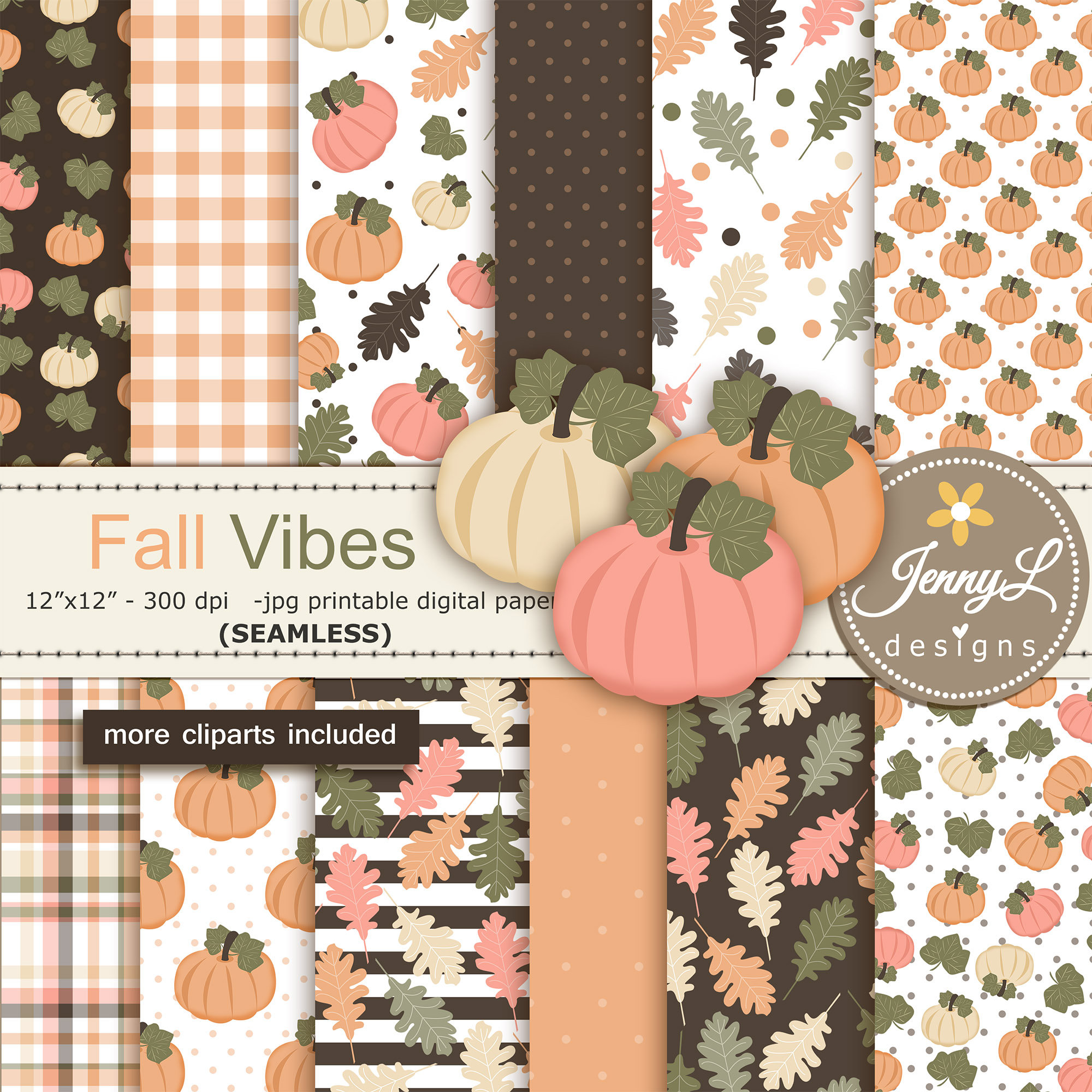 Fall SEAMLESS Digital Paper and Pumpkin Clipart, Fall Leaves for ...
