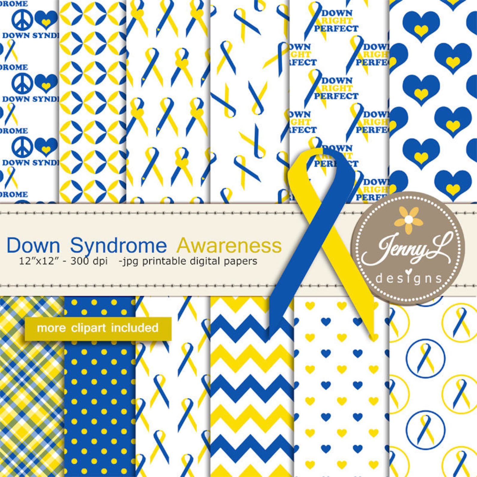 Down Syndrome Awareness Digital Papers and Blue Yellow Ribbon | Etsy