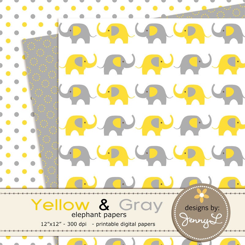 Yellow and Gray / Grey Elephants Digital Papers Baptismal | Etsy