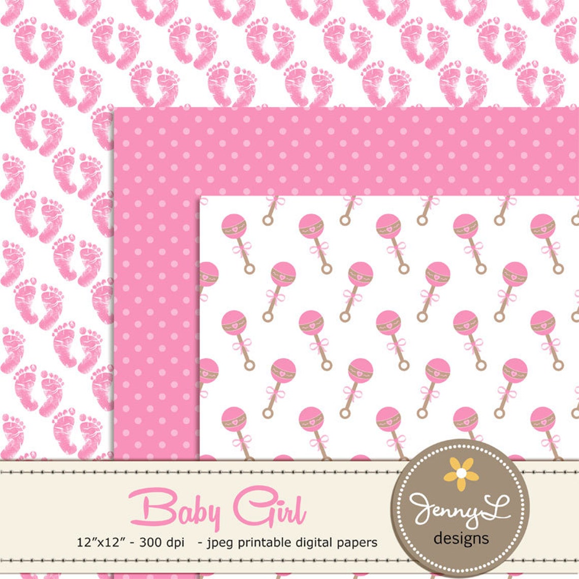 Baby Shower Digital Papers Baby Girl Baptism Birth | Etsy