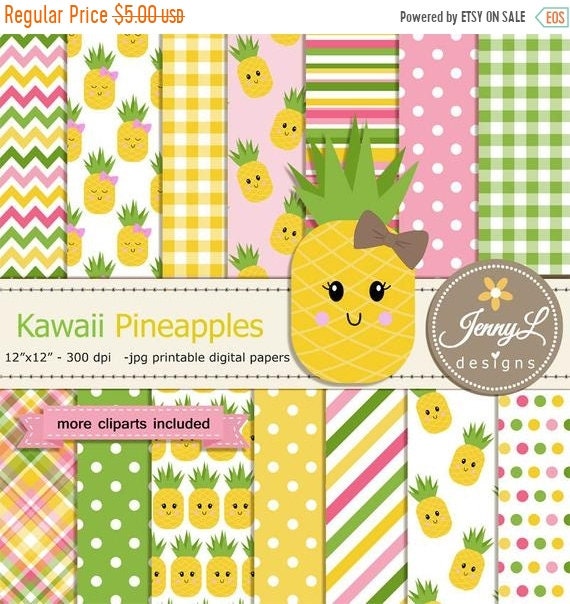 40% OFF Kawaii Pineapples Digital Papers and Clipart SET, Aloha ...