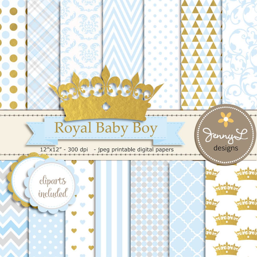 Gold Crown Digital Papers and Clipart, Royal Prince Boy Baby Shower ...