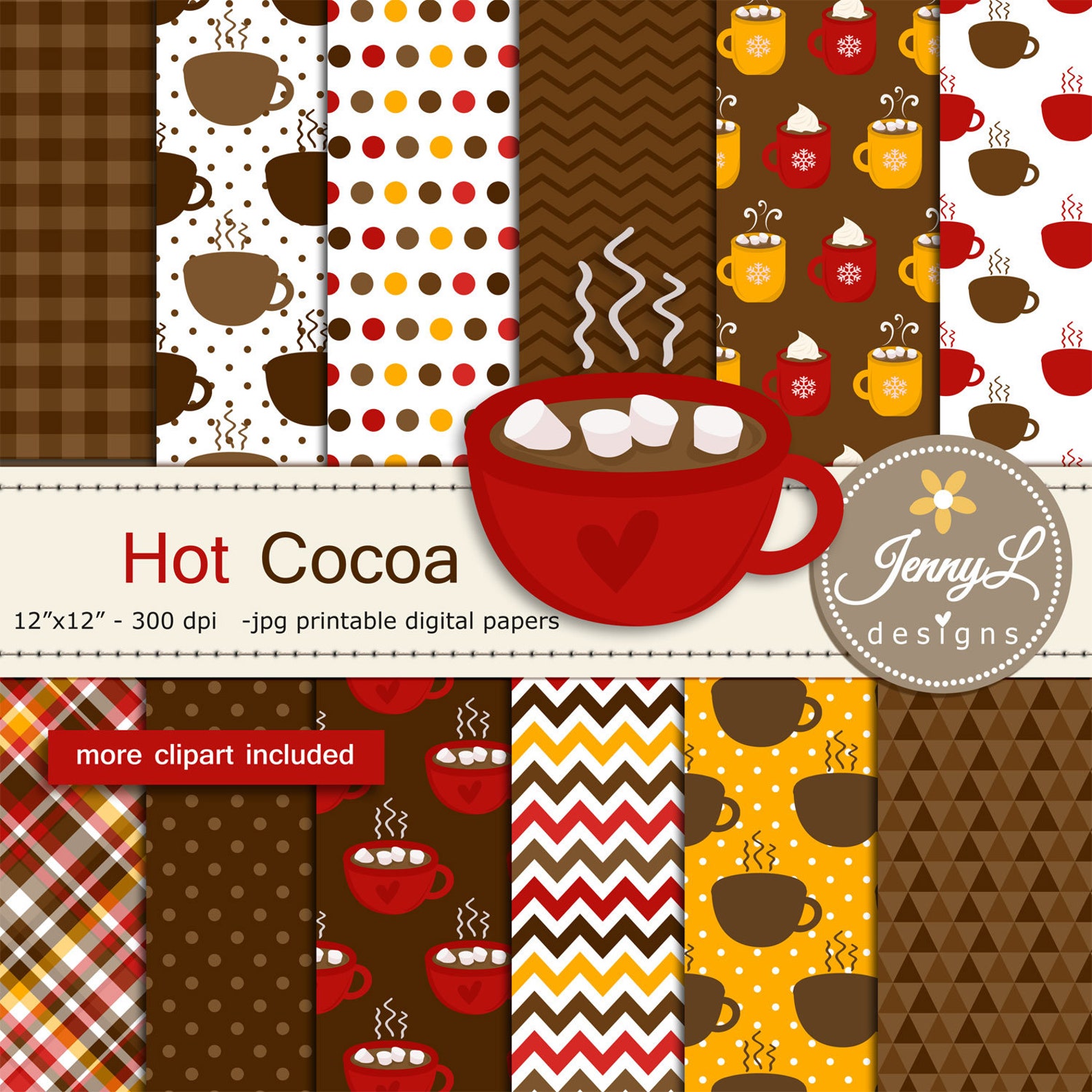 Hot Cocoa Digital Papers and Choco Clipart SET, Hot Chocolate Drink for ...