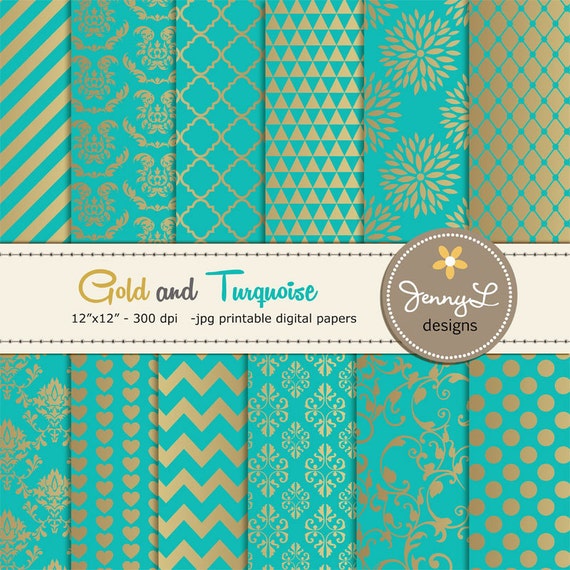 Gold and Turquoise Digital Papers, Wedding Birthday Digital ...