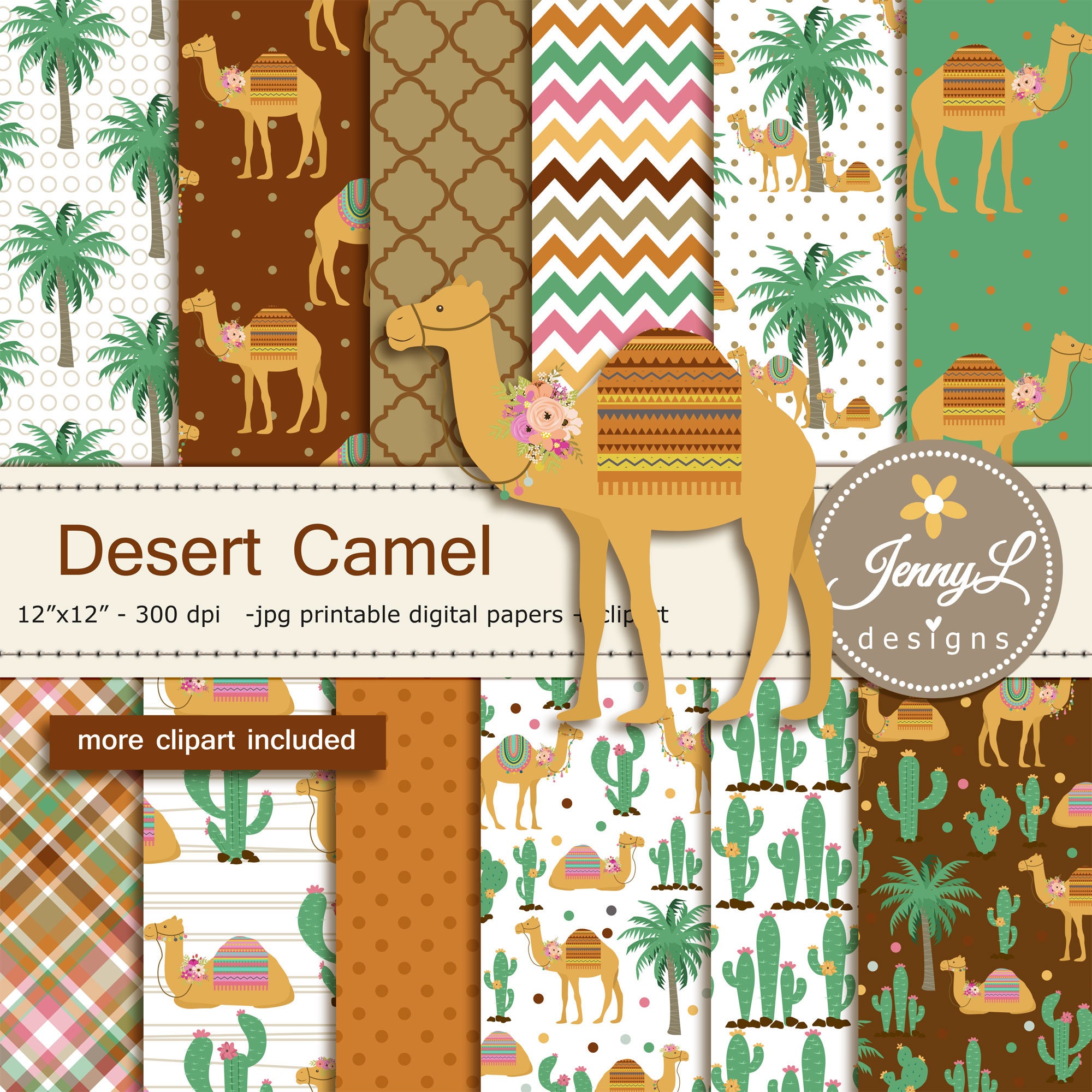 Desert Camel Cactus Digital Paper and Clipart for Birthday | Etsy