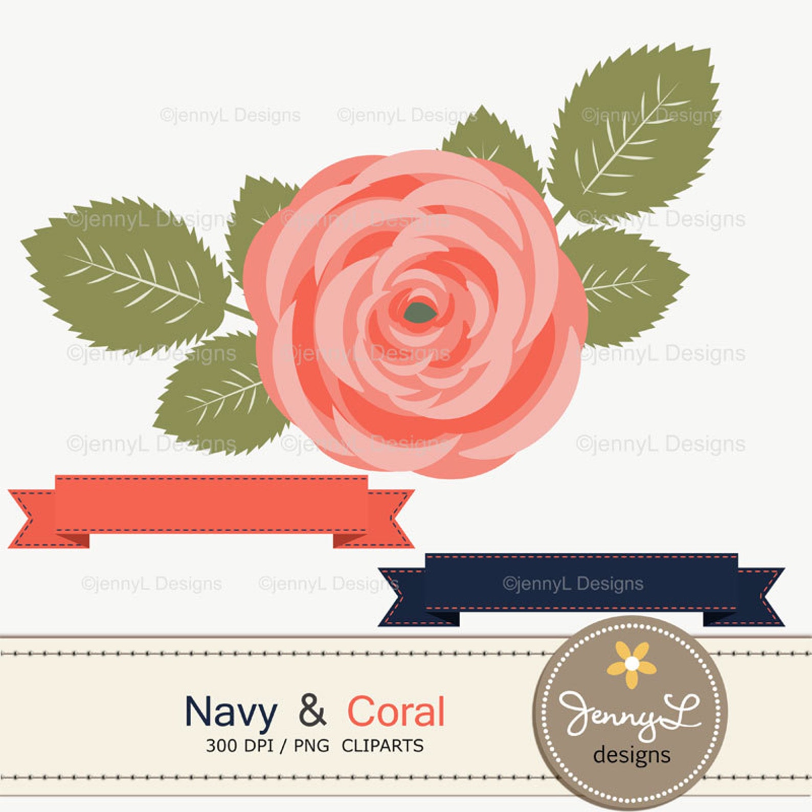 Coral and Navy Digital Paper Coral Rose Flower Clipart for | Etsy