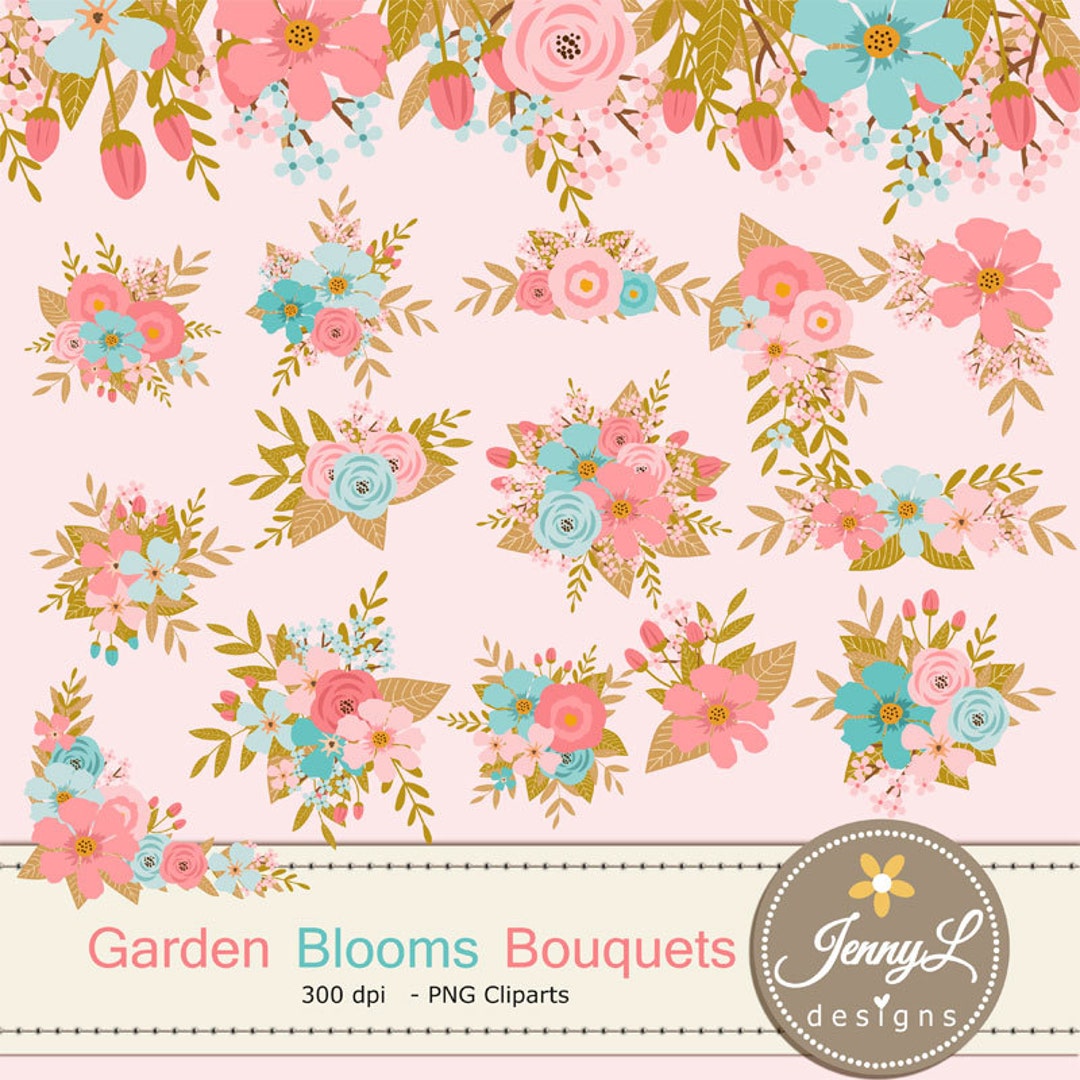 Peach Turquoise Bouquet Clipart, Blush Wedding Flowers, Flower Bunches ...