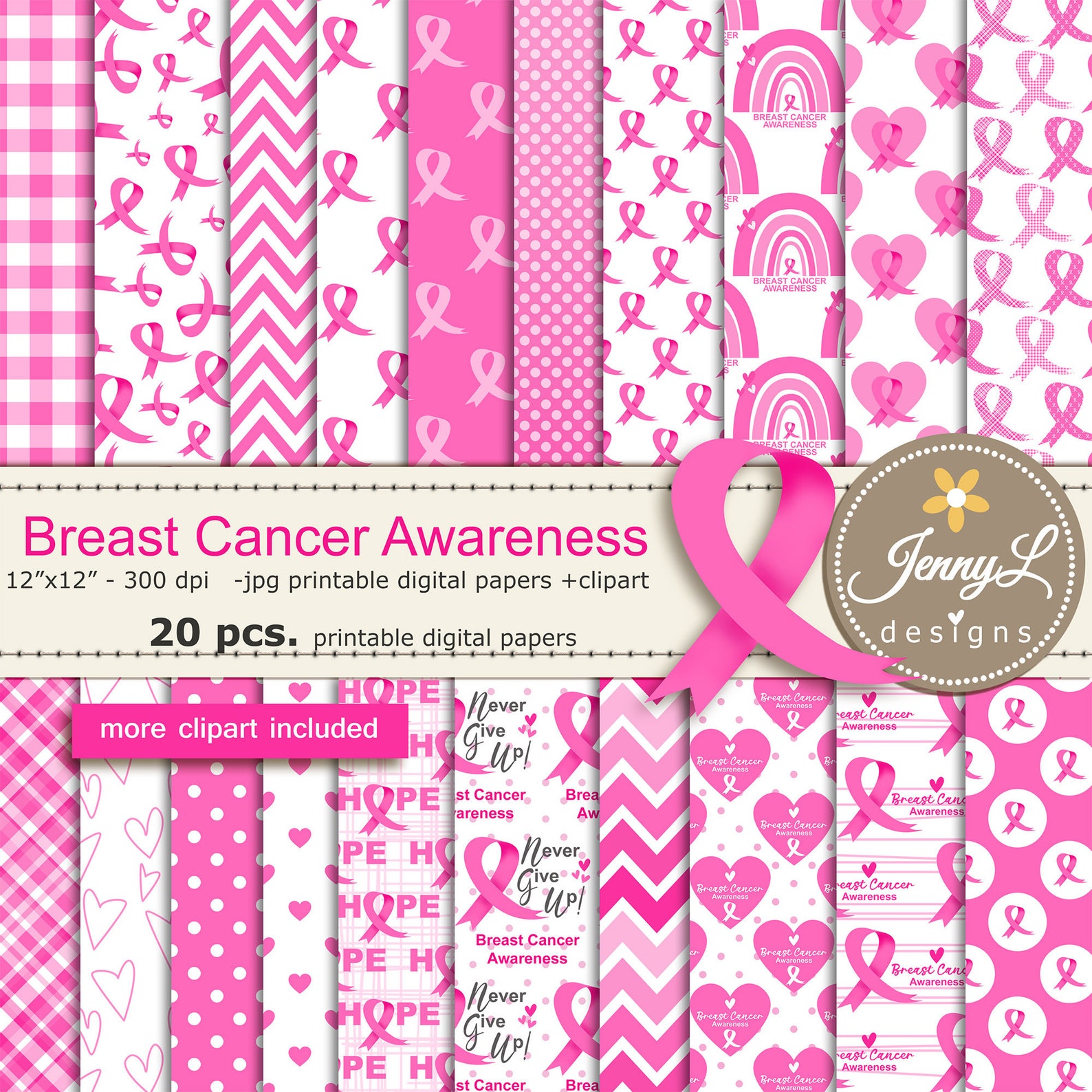 Breast Cancer Awareness Digital Papers, Pink Ribbon Clipart for Digital ...