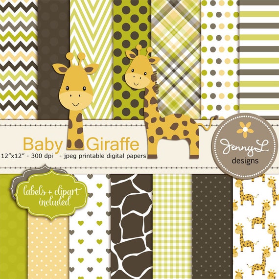 Giraffe Baby Shower Digital Papers and Clipart, Baptism, Dedication ...