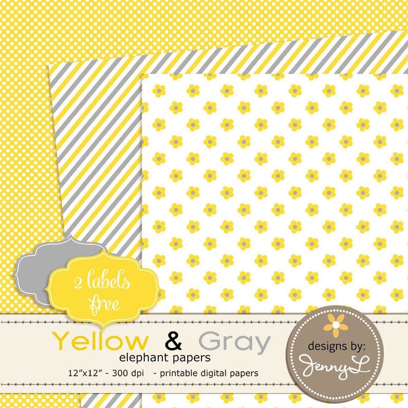 Yellow and Gray / Grey Elephants Digital Papers Baptismal | Etsy
