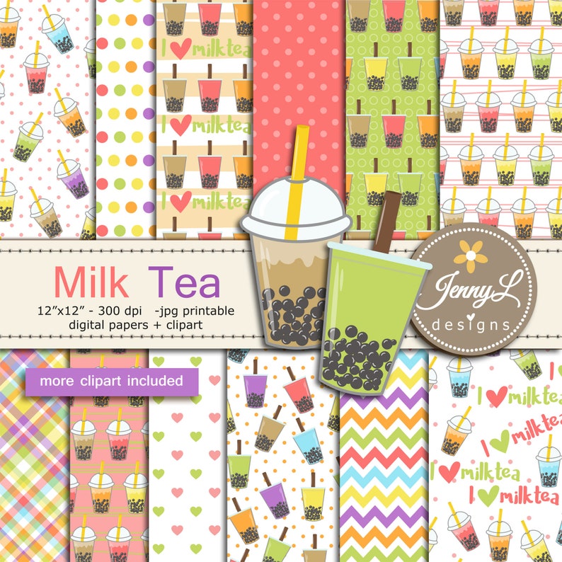 Milk Tea Digital Papers and Bobba Bubble Tea Tapioca Tea - Etsy