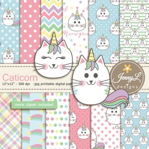 Caticorn Digital Papers, Cat Clipart, Unicorn Cat, Kittycorn, Catacorn ...
