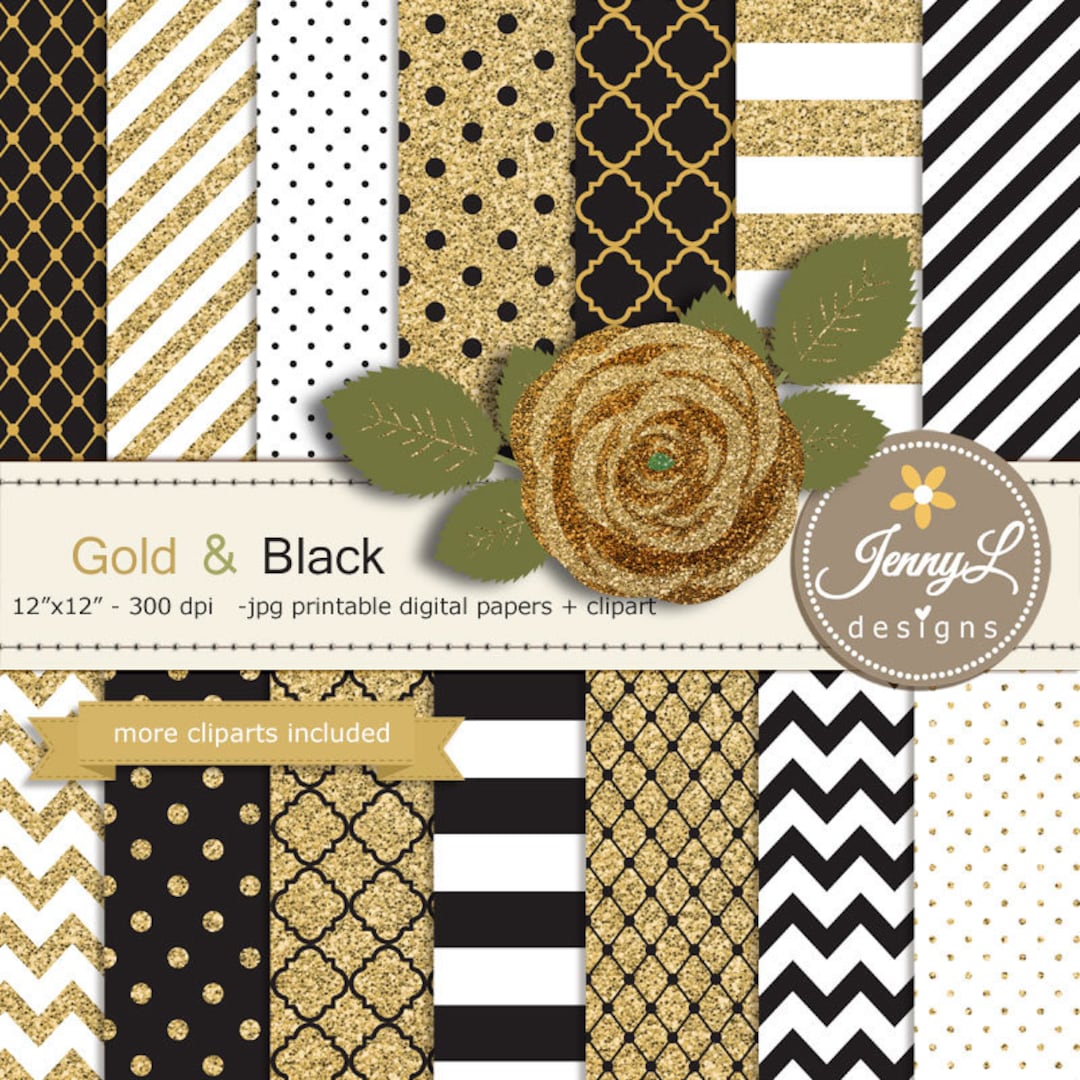 Gold and Black Digital Paper, Glitter Rose Flower Clipart for Wedding ...