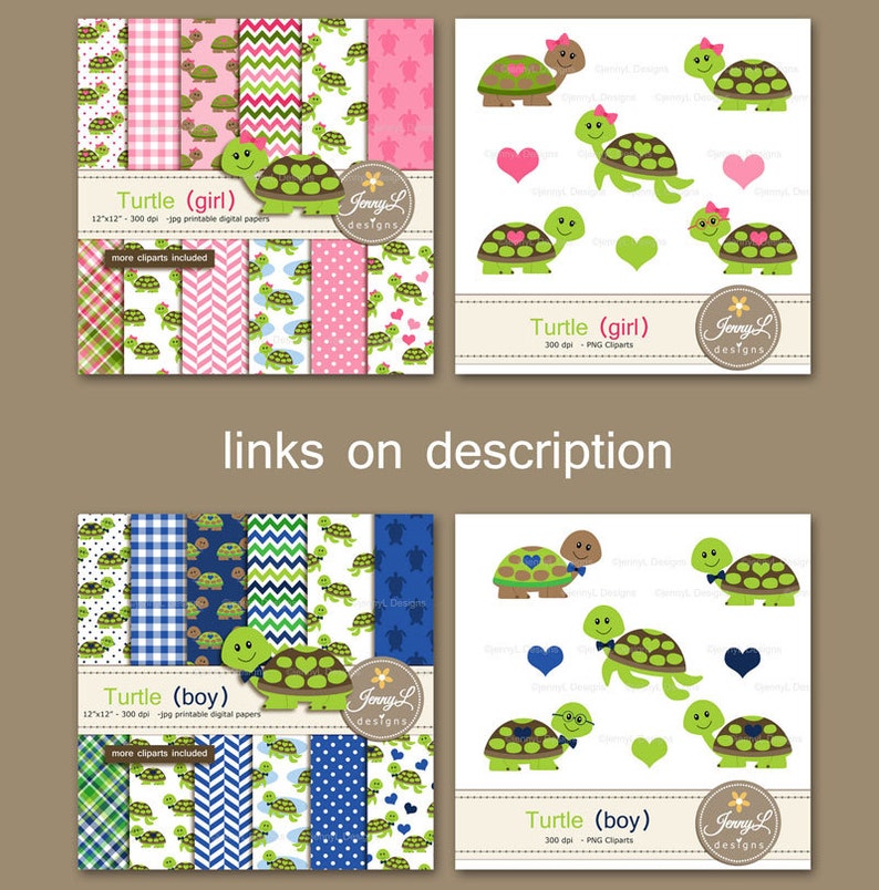 Turtle Boy Digital Papers and Cliparts, Blue Green Turtle for Digital ...