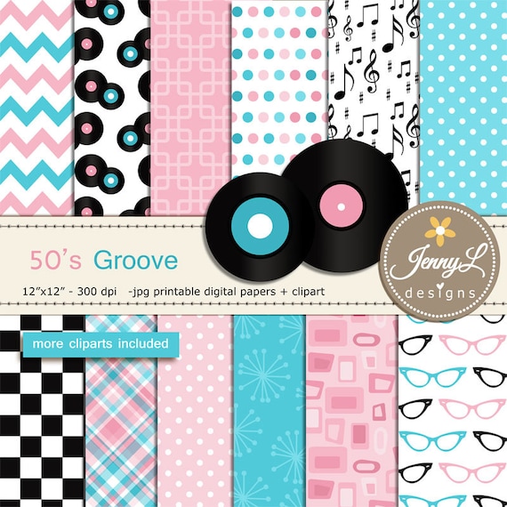 50's Retro Diner, Rock and Roll Digital Papers, LP Records, Guitar ...