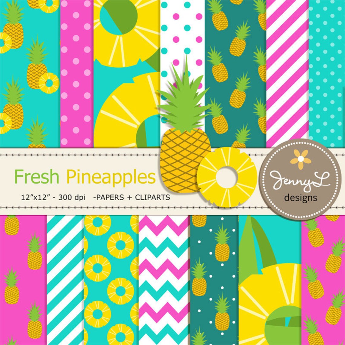 Pineapples Digital Papers and Cliparts Pineapple Slice Aloha - Etsy