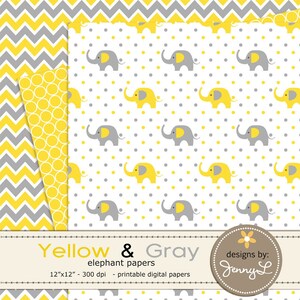 Yellow and Gray / Grey Elephants Digital Papers, Baptismal Digital ...