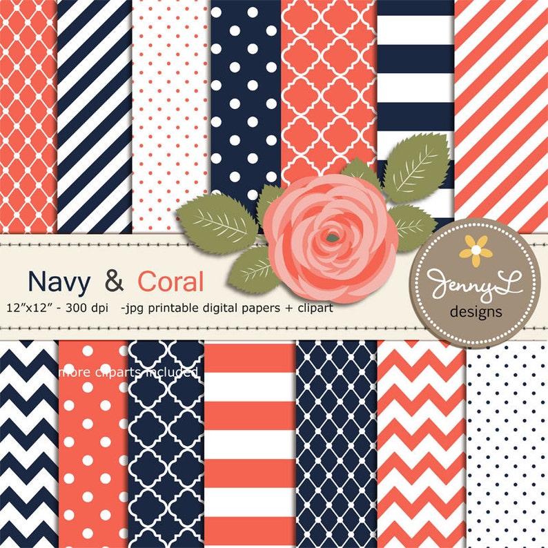 Coral and Navy Digital Paper Coral Rose Flower Clipart for | Etsy