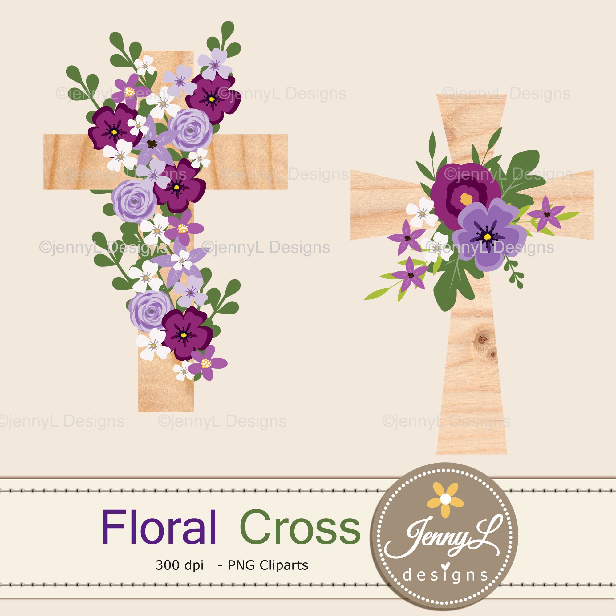 Floral Cross Digital Papers and Wooden Cross Clipart SET for | Etsy