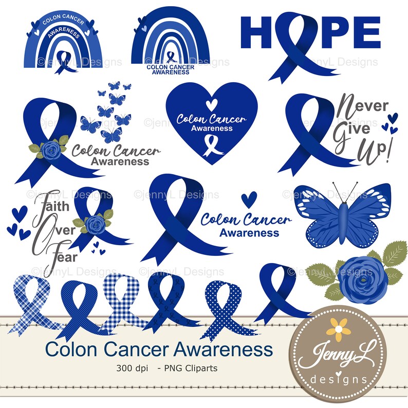 Colon / Colorectal Cancer Awareness Digital Papers, Dark Blue Ribbon ...
