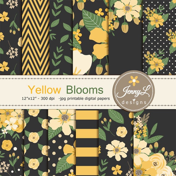 Yellow Floral digital paper, Black Wedding Flower Paper Digital ...