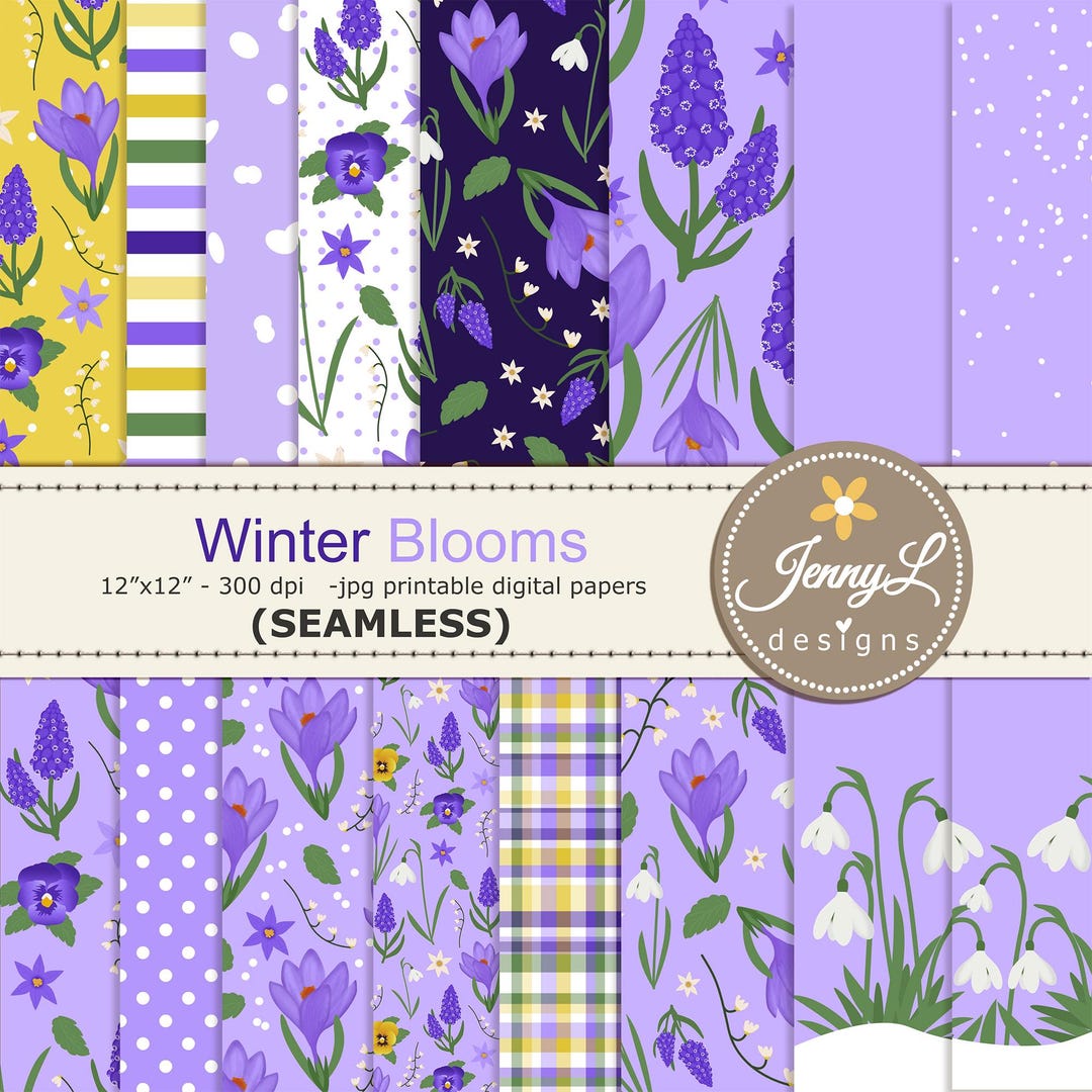 Winter Floral SEAMLESS Printable Digital Papers, Pansies, Snowdrop ...