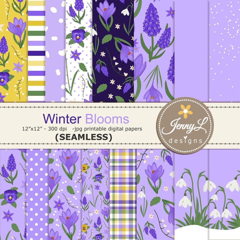 Winter Floral SEAMLESS Printable Digital Papers, Pansies, Snowdrop ...