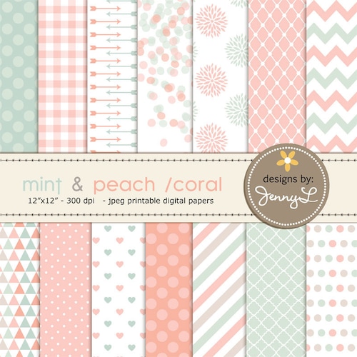 Mint and Peach Digital Paper Pack. Pastel Scrapbooking Paper. | Etsy