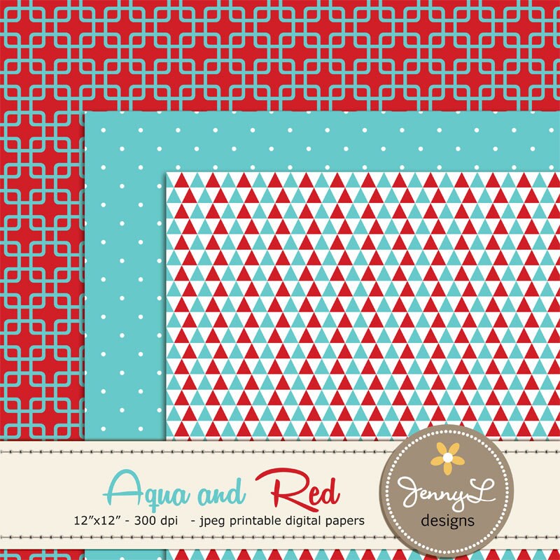 Aqua Blue and Red Digital Papers Red and Turquoise for | Etsy