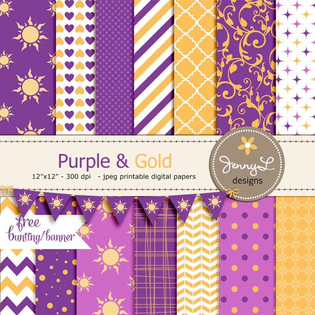 Purple and Yellow Gold Princess Digital Papers, Inspired Printable ...