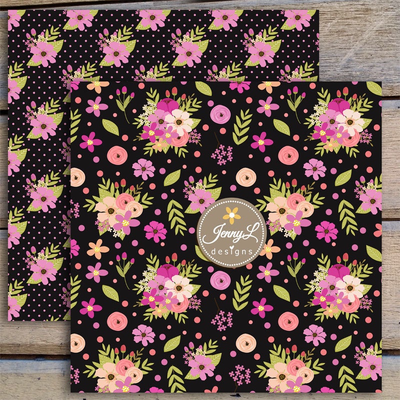 Black Floral Digital Paper Pink Wedding Flower Paper Digital | Etsy