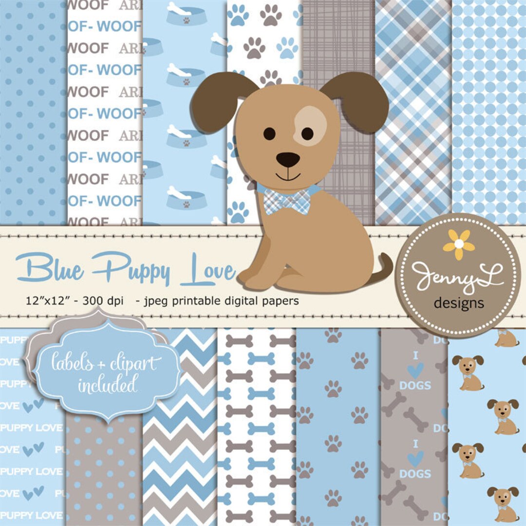 Boy Dog Digital Papers, Blue and Gray Puppy Dog, Dog Clipart, Pet ...