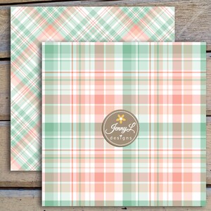 Mint Green and Coral Peach Plaids Digital Papers, Stripes, Digital ...