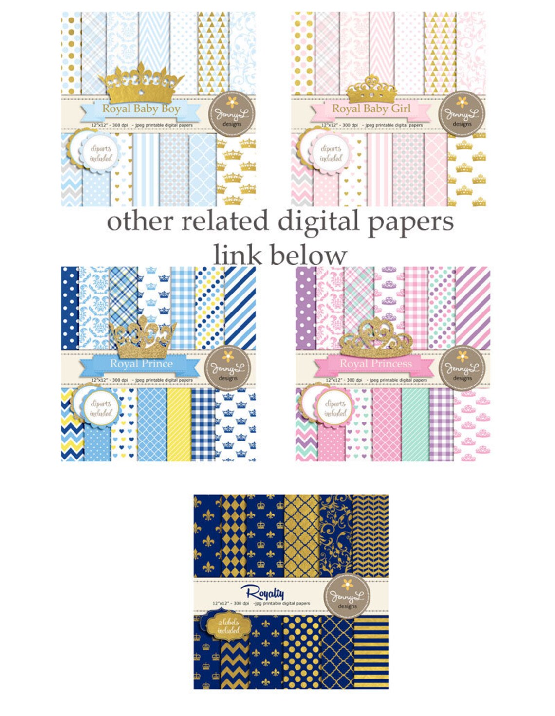 Gold Crown Digital Papers and Clipart, Royal Prince Boy Baby Shower ...