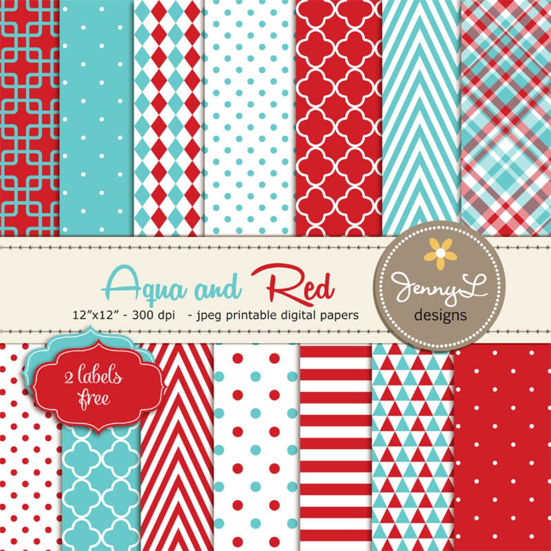 Aqua Blue and Red Digital Papers Red and Turquoise for - Etsy