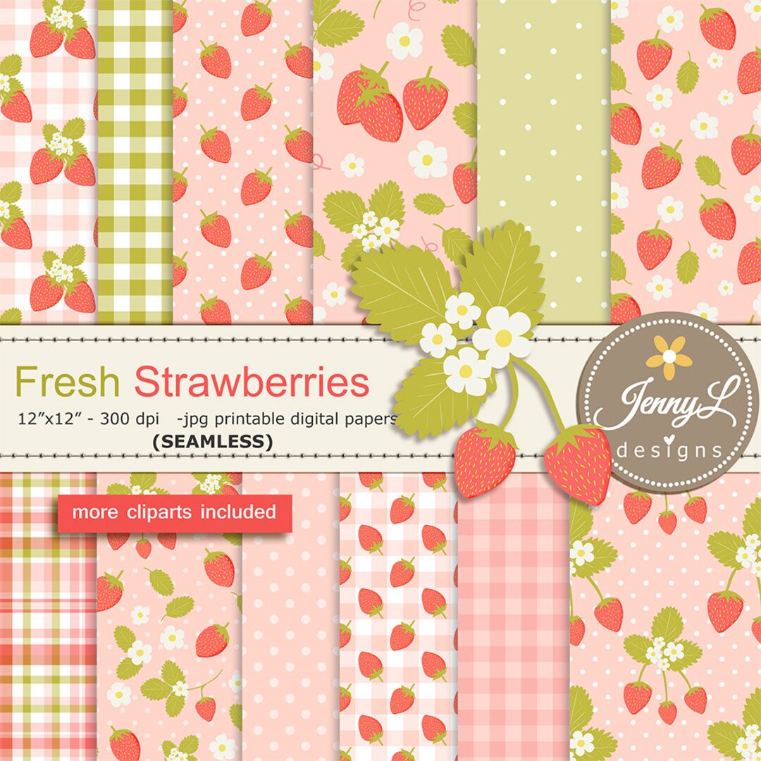 Strawberries SEAMLESS Digital Papers and Strawberry Fruit Clipart SET ...