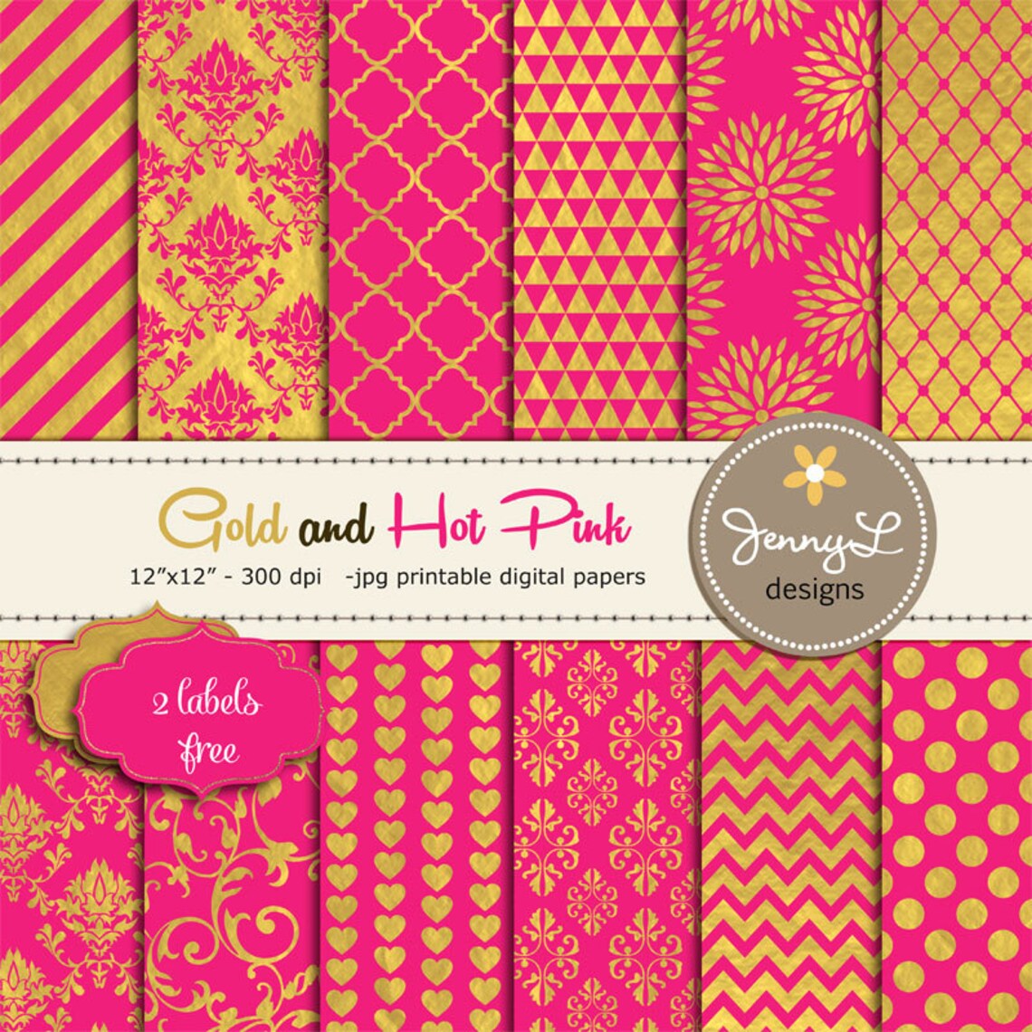 Gold and Hot Pink Digital Papers Fuchsia and Gold Digital - Etsy