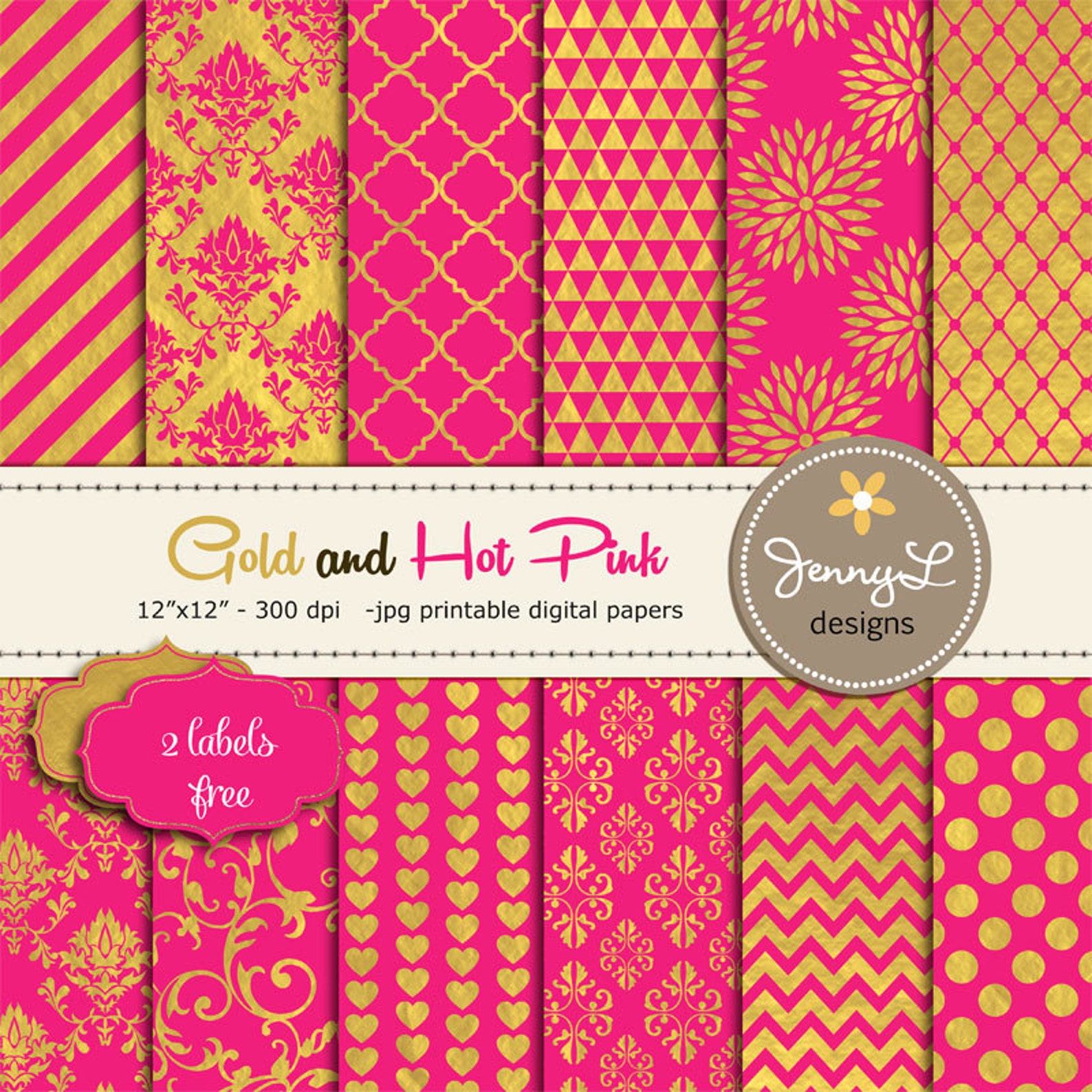 Gold and Hot Pink Digital Papers Fuchsia and Gold Digital - Etsy