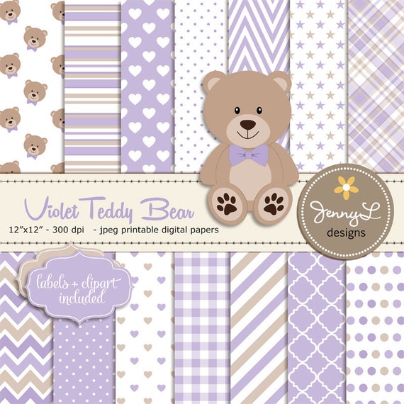 Violet Teddy Bear Digital papers, Teddy Bear clipart, Baby Shower ...